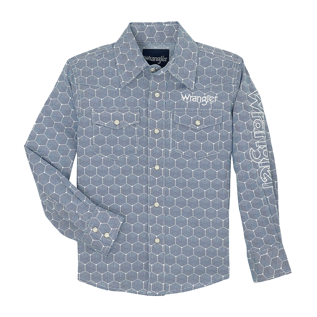 Wrangler Boys Logo With Geometric Print Long Sleeve Snap Shirt