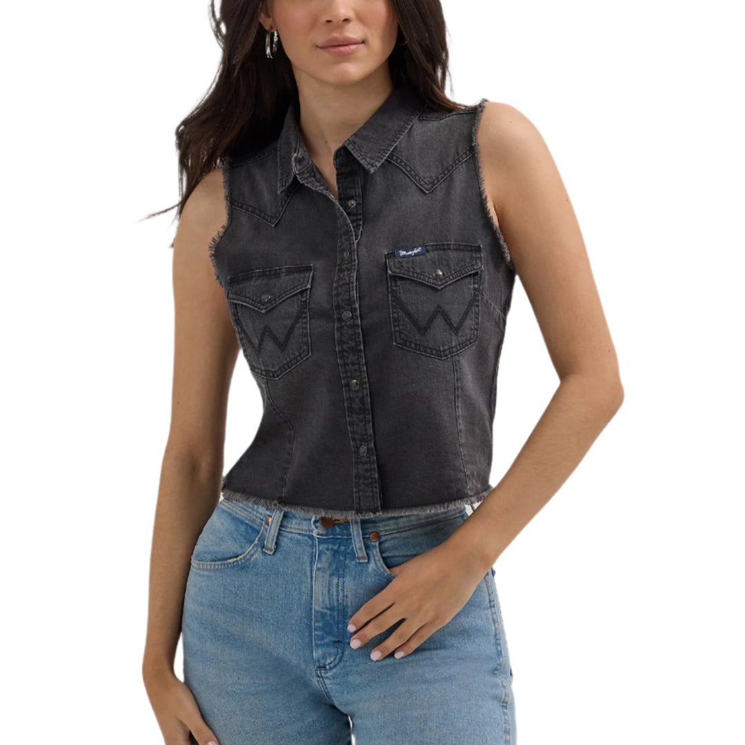 Wrangler Women's Frayed Denim Crop Western Snap Tank | Lammle's ...