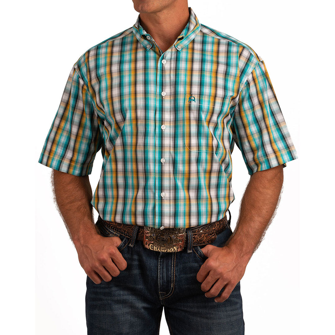 Cinch Turquoise White & Gold ArenaFlex Plaid Shirt | Men's Short Sleeve ...