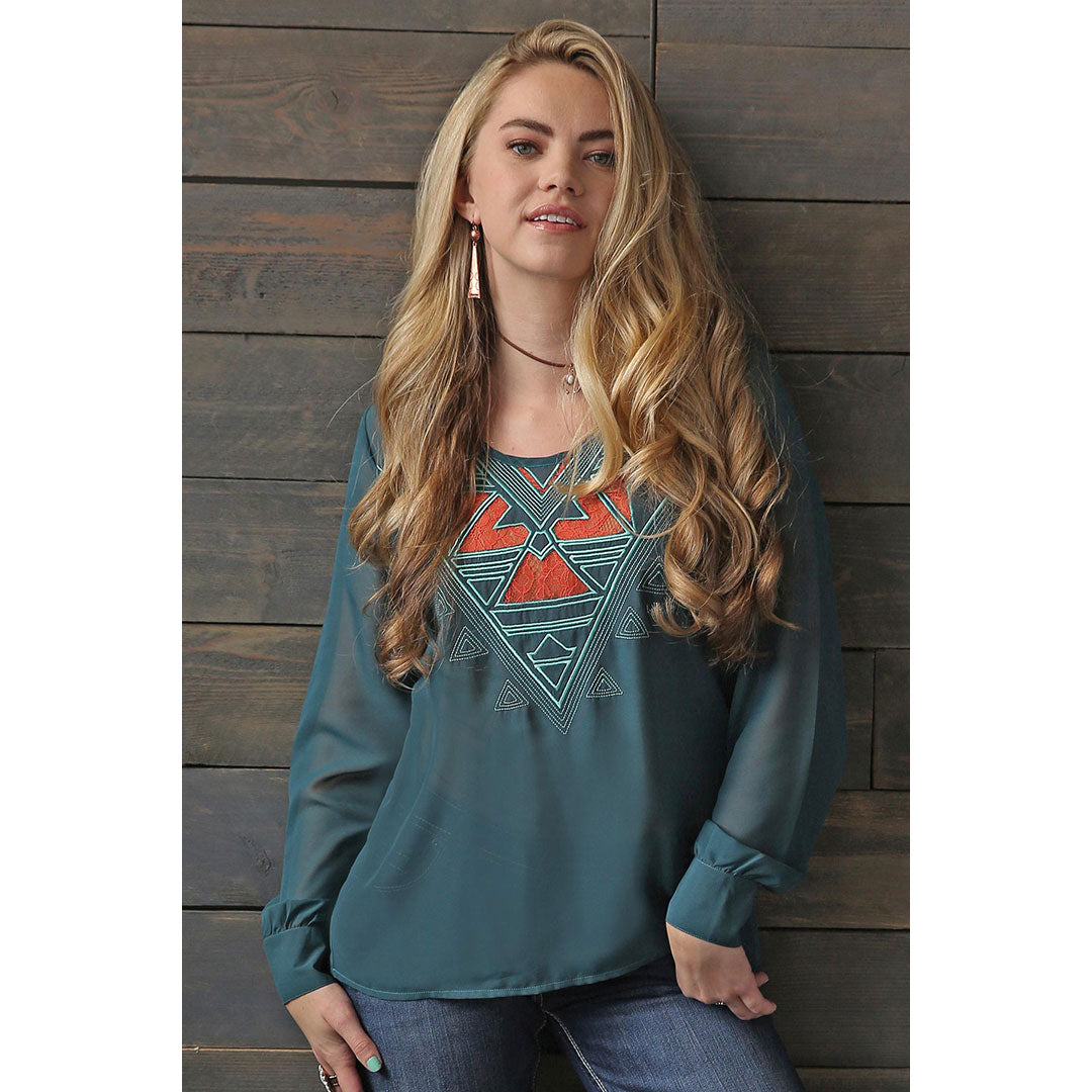 Cruel Denim Sheer Teal Aztec Blouse | Women's Tops | Lammle's – Lammle ...